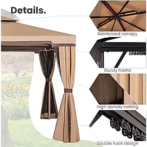 SUNCROWN 10 x 10 FT Outdoor Gazebo for Patio Iron Frame Garden Permanent Gazebo with Vented Soft Canopy and Mosquito Netting, Brown