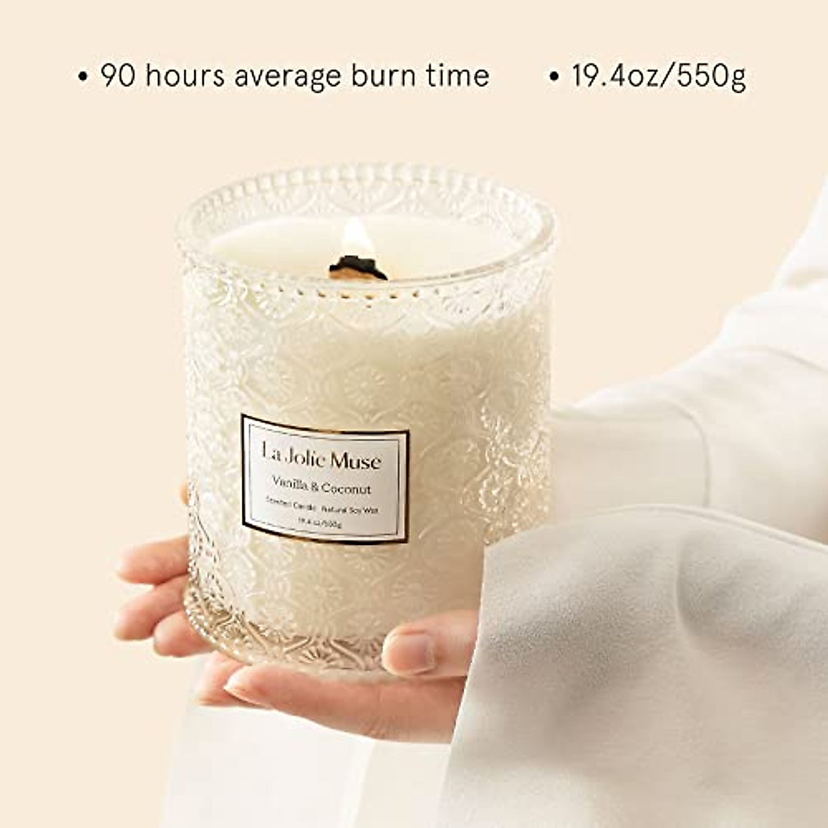 LA JOLIE MUSE Vanilla Coconut Candle, Tropical Candle Scented, Candle for Home Scented, Wood Wicked Soy Candles, 19.4oz 90 Hours