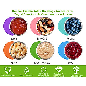 Victhur Salad Dressing Container To Go, 6 Pieces 2.4oz 304 Stainless Steel Sauce Containers with Silicone Lids for Snacks, Dipping Sauce