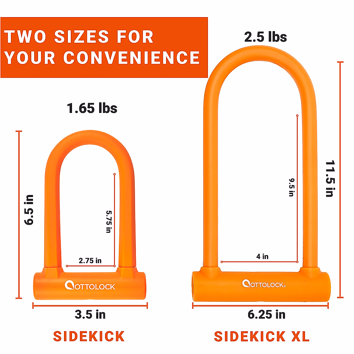 OTTOLOCK Sidekick XL Full-Size U-Lock | Lightweight Silicone-Coated Bike Lock, Orange