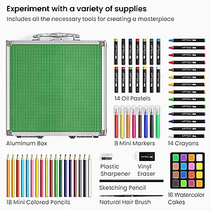 ARTEZA Kids Painting & Drawing Kit, 75-Piece Bundle, 18 Mini Colored Pencils, 16 Watercolor Paints, 14 Oil Pastels, 14 Crayons