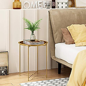 HOME BI Small Round End Table, Accent Side Table Nightstand with Removable Tray Top for Living Room Bedroom, Folding Mini Coffee Table, All Metal Frame, No Assembly Required, Gold