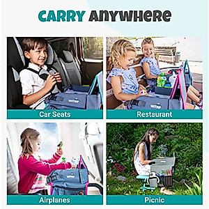Kids Travel Tray with Dry Erase Board, Car Seat Tray for Food & Play Activity, Carseat Table Trays for Toddler, Kid Activity Desk for Air Travel, No-Drop Tablet Holder & Borders (Grey with Blue Frame)
