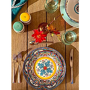 Euro Ceramica Zanzibar Double Bowl 16-Piece Dinnerware Set | Fine Kitchenware | Floral Multicolor Design Stoneware Tableware Service For 4