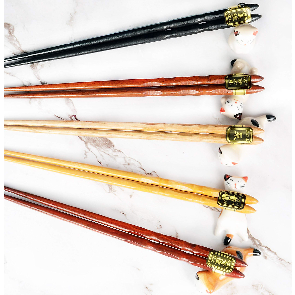 Chopsticks and Chopstick Holder, Cat Chopstick Holder | Japanese Style Chopsticks | Lucky Cat Chopsticks Rest Holder 5 Cats | Lucky Cat Chopsticks, Japanese Chopstick with Lucky Cat Rest