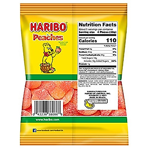 Haribo Gummi Candy - Soft & Chewy Delicious Gummies, (Pack of 3) Share Size Peg Bags + Bonus Mystery Candy (5 oz, Peaches)