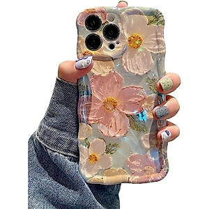 EYZUTAK Case for iPhone 14 Pro Max, Colorful Retro Oil Painting Printed Flower Laser Glossy Pattern Cute Curly Wave Edge Exquisite Stylish Durable TPU Protective Phone Cover for Girls Women-Green