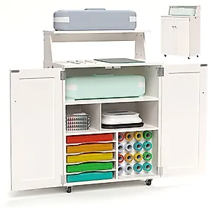 𝐂𝐫𝐚𝐟𝐢𝐭 Craft Cart Storage Cabinet Compatible with Cricut Machine, Rolling Crafting Table Furniture with Vinyl Roll Holder Organizer Desk Workstation for Craft Room Home Organization, Ivory