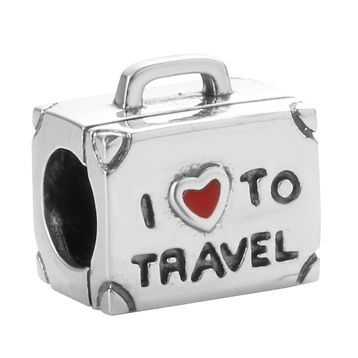I Love To Travel Charm Solid 925 Sterling Silver Suitcase Charm with Red Enamel Heart for Pandora Bracelet