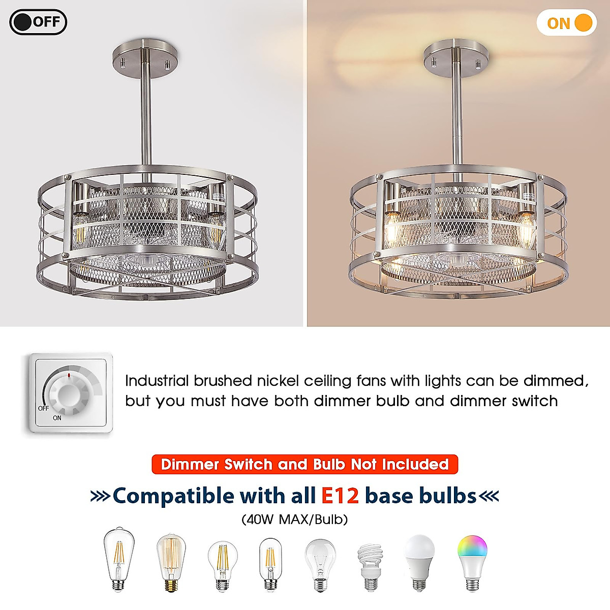 Doltoro Caged Ceiling Fans with Lights and Remote, Industrial Flush Mount Ceiling Fans Light, Small Enclosed Ceiling Fan for Bedroom Kitchen (Brushed Nickel)