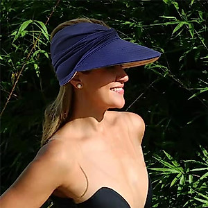Sun Hat Women Beach Visor Cap UV Protection with Wide Brim Packable Summer Sport Ponytail Sun Cap Navy Blue