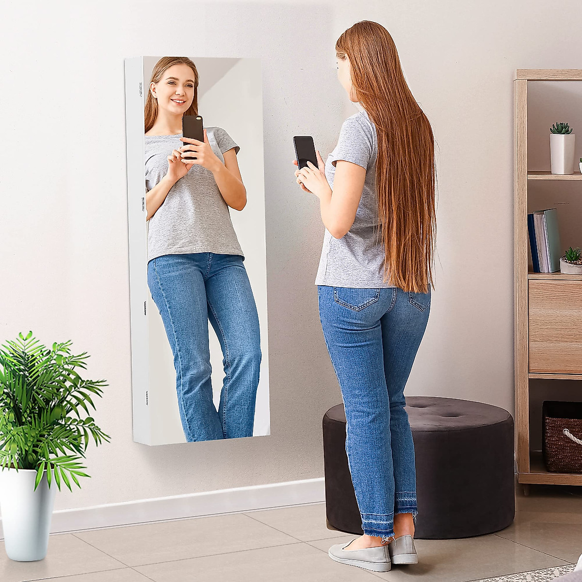 SUPER DEAL Upgraded 2in1 Jewelry Cabinet 47.3" H Wall/Door Mounted Jewelry Armoire with 6 Shelves 2 Drawers Jewelry Organizer with Full Length Mirror