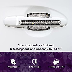8PCS Car Door Handle Bling Rhinestones Stickers Universal Auto Door Handle Scratch Cover Guard Protective Film Pad with Safety Reflective Strips (Black & Sliver Set)