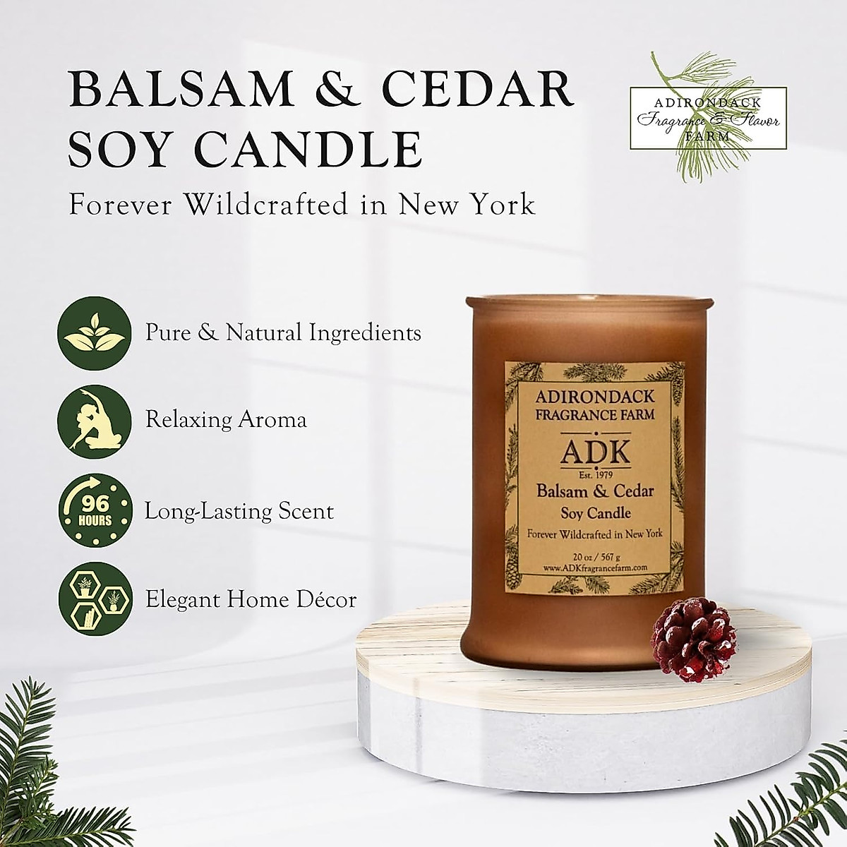 ADK Balsam & Cedar Scented Candle, 20 Oz Natural Aromatherapy Candle for Home Decor & Kitchen Décor, Relaxing Plant-Based Wax Candles for Christmas Gift