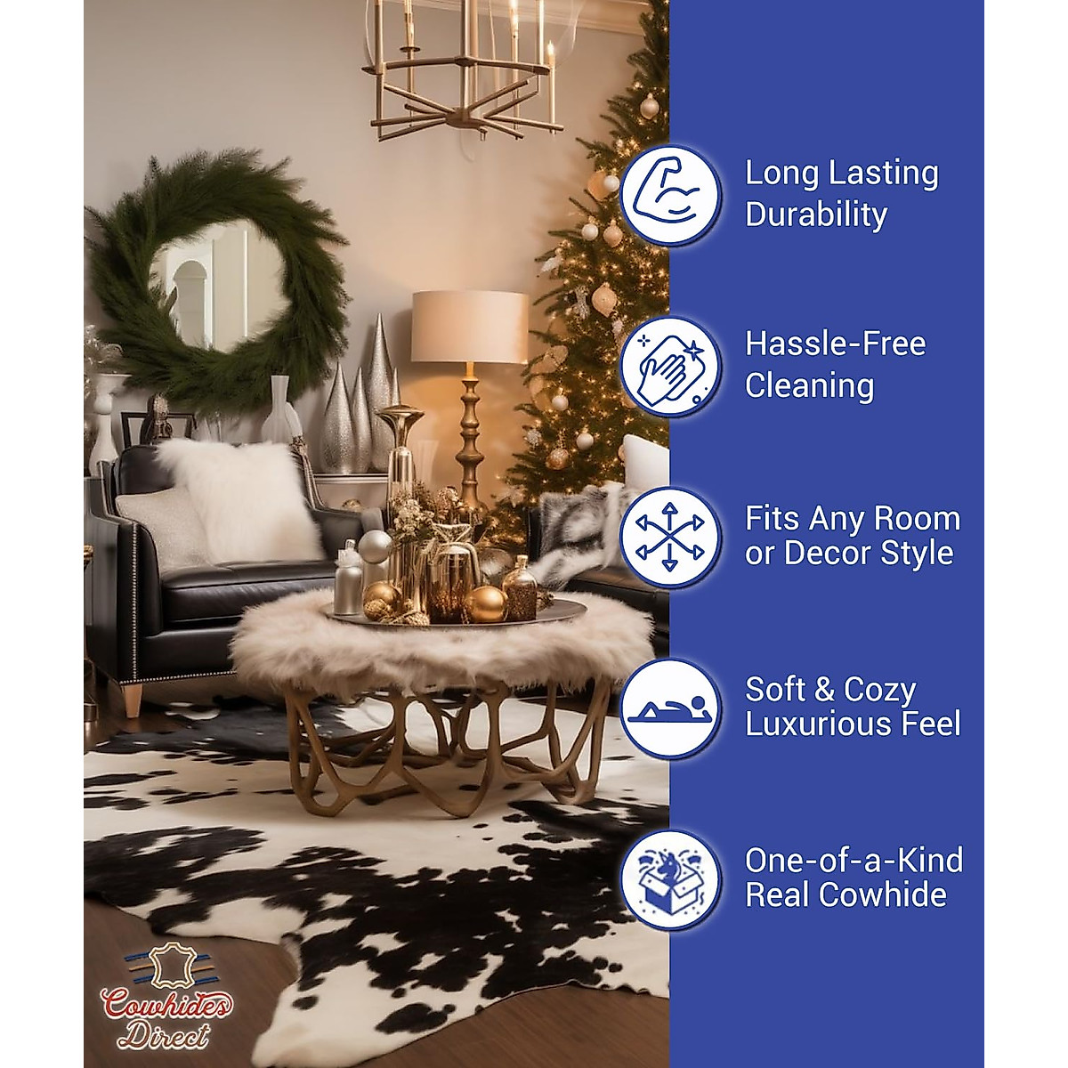 Cowhides Direct Genuine Cowhide Rug - Black & White Rug for Living Room, Bedroom & More - Authentic Cow Rug (6’x7’ Black & White)