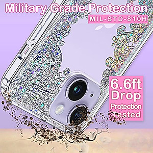 Coolwee Anti Yellowing Clear Glitter Compatible iPhone 14 Case, 6.1 inch, Military Grade Drop Protection Slim Crystal Lace Bling Floral Hard PC Soft TPU Bumper Cover Mandala Henna