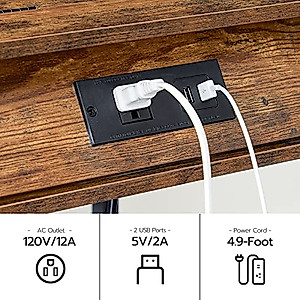 HOOBRO Nightstand with Charging Station, Tall Side Table, End Table with Drawer and Storage Shelf, Industrial End Telephone Table, for Study, Bedroom, Space Saving, Rustic Brown and Black BF71UBZ01