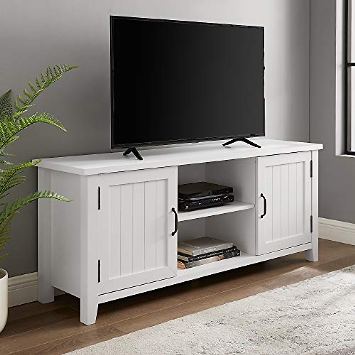 Walker Edison Buren Classic Grooved Door TV Stand for TVs up to 65 Inches, 58 Inch, Solid White