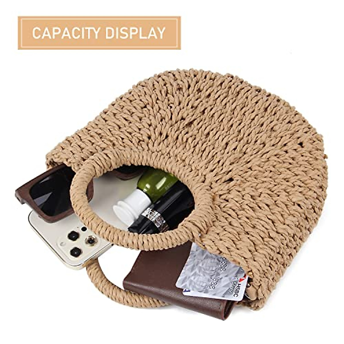 KUANG! Women Straw Beach Tote Handbag Hobo Round Handle Summer Handwoven Bags Small Purse with Strap