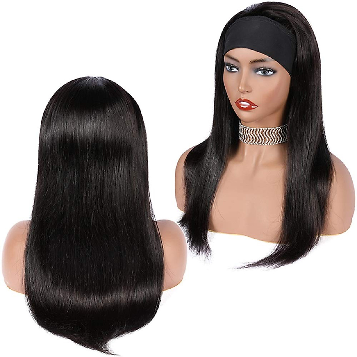Headband Wig Straight Hair 100% Virgin Human Hair Wig for Black Women Glueless None Lace Front Wig Straight Machine Made Wig 150% Density Natural Color 14 Inch.