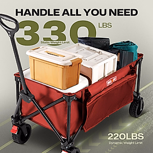 Overmont Collapsible Wagon Cart with Wheels - Foldable Heavy Duty Wagon with Big All-Terrain Wheels - 330Lbs Weight Capacity with Side Pockets for Camping Sports Garden Grocery Shopping red