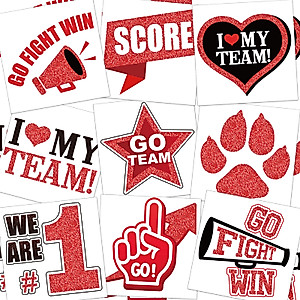 Colarr 180 Pcs Team Spirit Temporary Tattoo 2", 1.5" Face Body Paw Go Team Cheer Tattoo Removable Glitter School Spirit Stickers for Classroom Cheerleading Teams Carnival Sports Games (Red, Black)