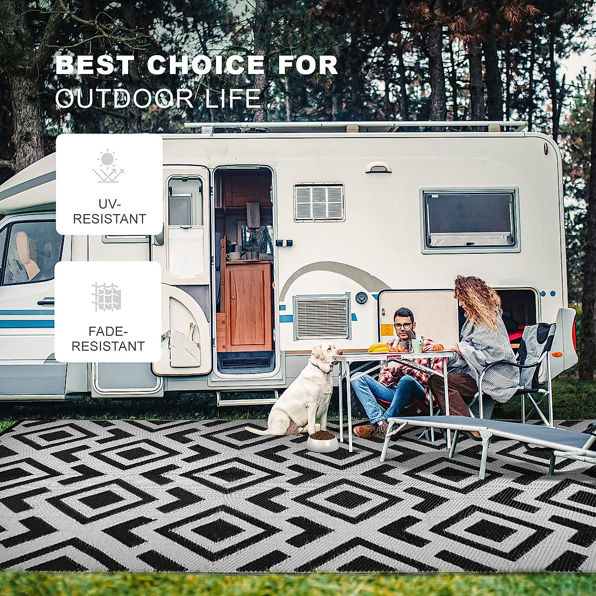 wikiwiki Outdoor Rug, 5x8ft Waterproof Reversible Mat Indoor Outdoor Rugs Carpet, Small Area Rug Plastic Straw Rug for Patio Deck Balcony Pool RV Camping Beach Picnic, Black