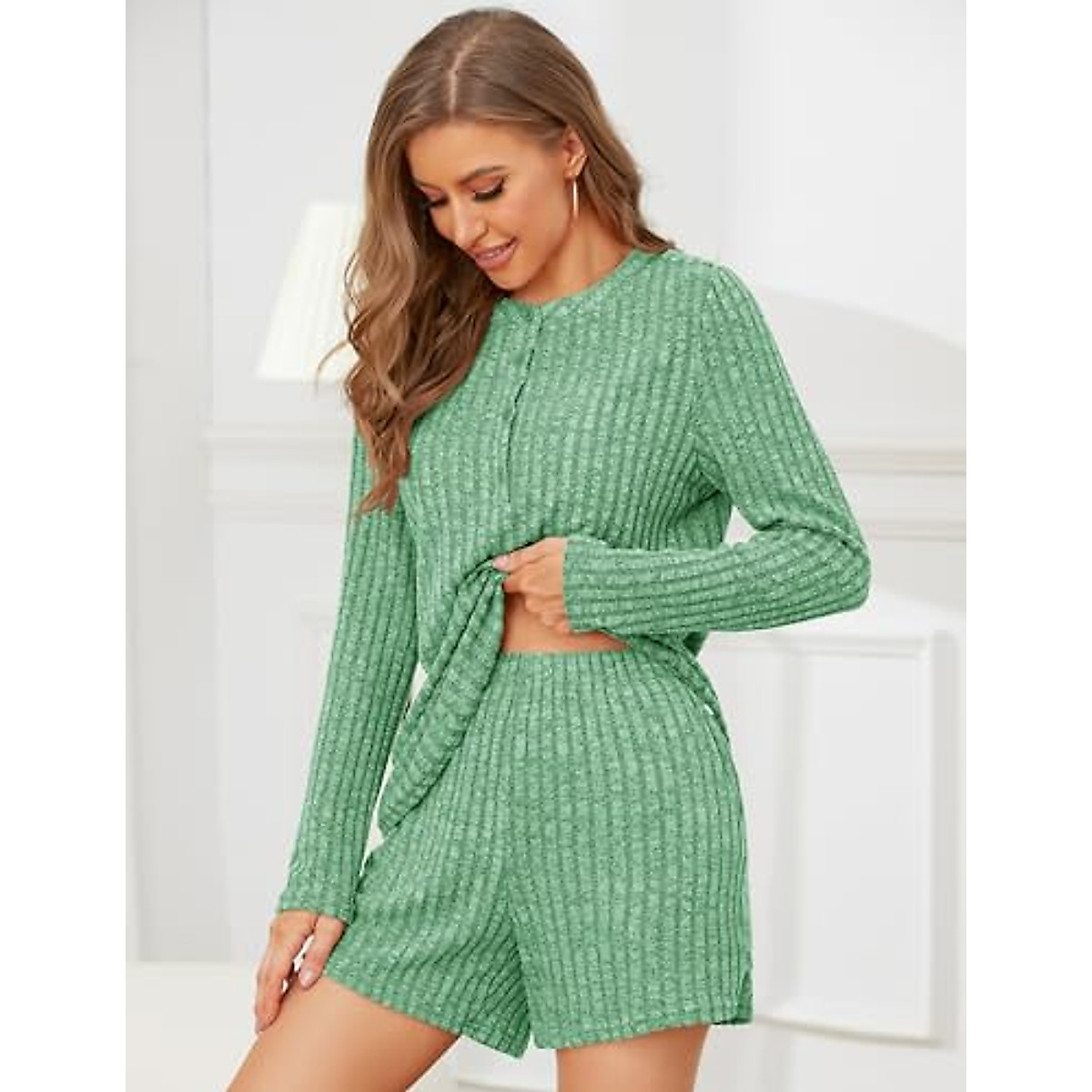 Micoson Womens Pajama Sets Fuzzy Long Sleeve Loungewear Soft Knit Button Top and Shorts 2 Piece Pj Set Sweatsuits for Gift Holiday Green M
