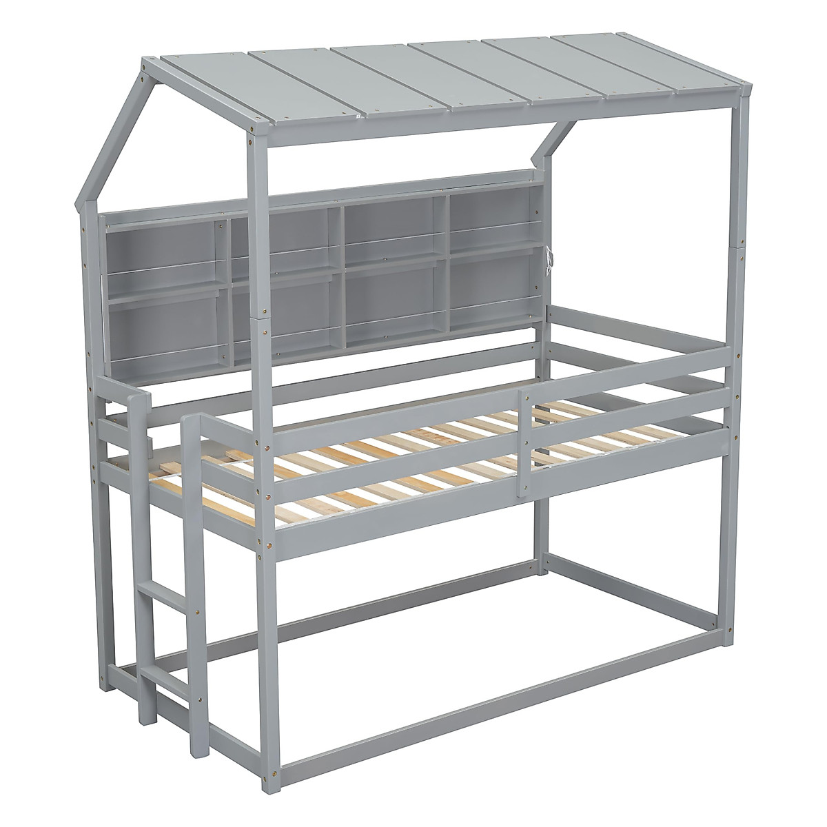 Bellemave Twin Size House Bunk Bed with Bookshelves for Kids,Twin Over Twin Floor Bunk Beds with Semi-Enclosed Roof,Solid Wood Twin Size Low Bunk Bed for Girls Boys,Gray