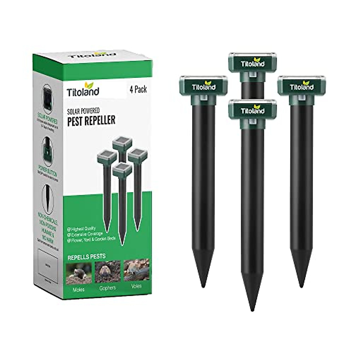 Titoland Mole Repellent Solar Powered for Lawns, 4 Pack Solar Mole Repellent & Gopher Repellent Ultrasonic Solar Powered Waterproof for Yard & Garden
