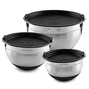 Bellemain Stainless Steel Non-Slip Mixing Bowls with Lids (3 Piece, Silver/Black)
