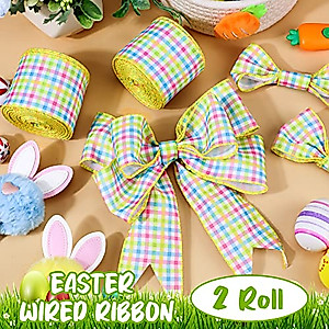 2 Roll 20 Yard Easter Spring Pastel Wired Ribbon, Gingham Ribbon Pink Blue Yellow Green Ribbon Spring Wired Ribbon for Wreaths Plaid Fabric Ribbons for Baby Shower Craft Decor (2.5 Inch)