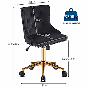 VINGLI Black Velvet Armless Home Office Desk Chair with Gold Base/Wheels, Small Cute Vanity/Makeup Chair with Back for Bedroom, Upholstered Adjustable Rolling Swivel Nail Chair for Women/Girls