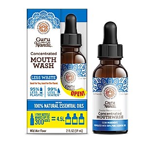 GuruNanda Concentrated Mouthwash, Helps with Bad Breath, Promotes Teeth Whitening, Made with 100% Natural Essential Oils, 1 Bottle Equals 300 Rinse, Fluoride-Free - Mint Flavored (2 oz)
