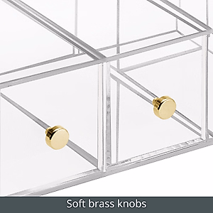 mDesign Plastic Kitchen Pantry Stackable Storage Organizer Container Station with 3 Drawers for Cabinet, Countertop, Holds Coffee, Tea, Sugar Packets, Creamers, Drink Pods, Packets - Clear/Soft Brass