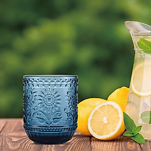 Wongblee Floral Embossed Water Glasses 12 Oz, Vintage Drinking Glasses Set of 4, Colored Glass Tumblers (Green)