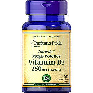 Puritans Pride Vitamin D3 10000 IU Bolsters Health Immune System Support and Healthy Bones & Teeth Softgels, Yellow, 100 Count