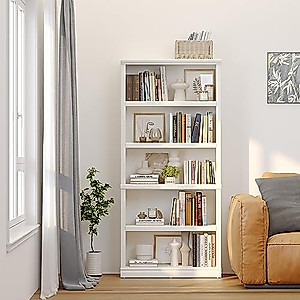 blini 5-Shelf Tall Bookcase White Wooden Bookshelves 33in Wide Floor Standing Display Storage Shelves 70 in Tall Bookcase for Home Office, Living Room, Bed Room
