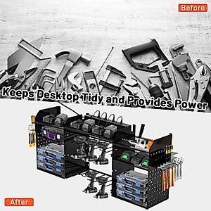 DIYTUNINGS Large Tools Organizer Wall Mount Charging Station,39 Inch Long Power Tool Battery Storage Rack with Screwdriver/Plier/Hammer Holder,Garage Utility Shelves Pegboard Hanging Extension Black