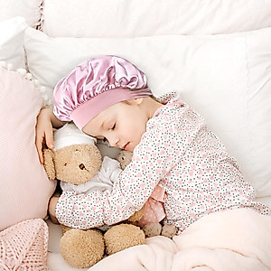 Arqumi Pack of 2 Satin Sleeping Bonnet for Kids, Soft Satin Sleep Bonnet with Elastic Strap, Adjustable Sleep Cap Hair Bonnet for Children, Pink+Purple