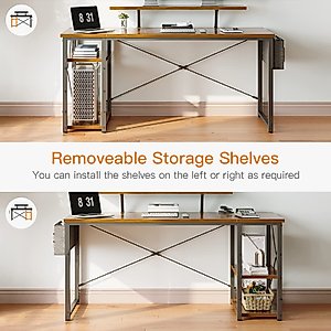 ODK Computer Desk with Shelves, 55" Home Office Desk with Monitor Shelf, 2 Tiers Shelves Study Writing Table, Modern Simple Style PC Desk, Stable Workstation, Printer Space, Easy to Assemble, Teak
