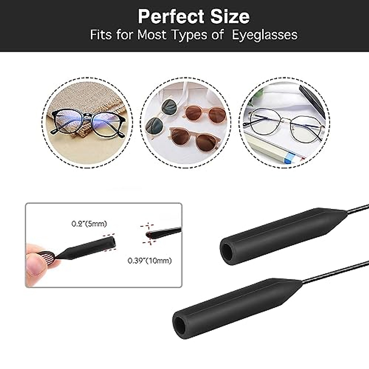 ATiC Glasses Strap, Adjustable Sunglasses Strap, Sports Eyeglass Holder Strap, No Tail Eyewear Retainer Glasses Lanyard for Men Women, Pack of 4, Black