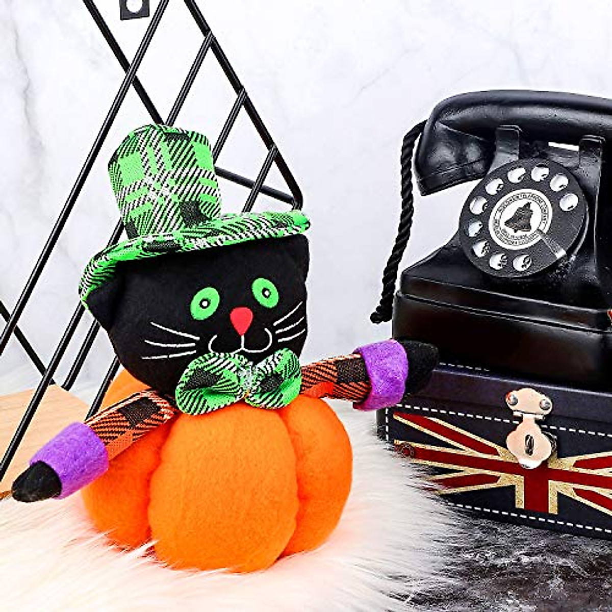 3 Pieces Halloween Plush Toys Set, Pumpkin Stuffed Figurines Witch, Black Cat, Snowman for Halloween Decorations, 9.5 x 4.7 Inch