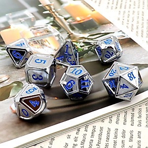 Haxtec Metal DND Dice Set Silver W/ Gift Metal Case D&D Polyhedral Dice for Dungeons and Dragons TTRPG-Silver Blue Numbers