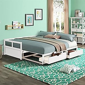 Hanway Twin Daybed with Two Drawers - White Solid Pine Wood Material - Extendable to King Size Bed Frame with Extra Storage Drawers – Elegant Furniture for Compact Rooms