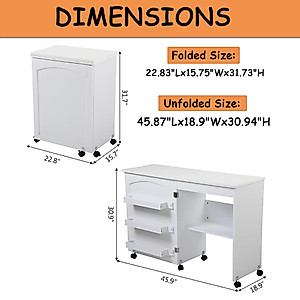 Afaris Folding Sewing Table, Versatile Sewing Cabinet Craft Station, Sewing Machine Desk w/Storage Shelves, Lockable Wheels, Adjustable Sewing Table Rolling Cart for Apartment Small Spaces, White