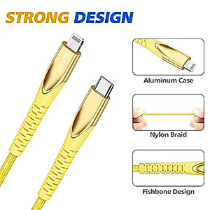 KINPS MFI Certified (10ft/3m) USB C to Lightning Fast Charging Cable Compatible with iPhone 12 Pro Max/12 Pro/12/11Pro/11 Pro Max/X/XS, Supports Power Delivery(for Use with Type C Chargers), Yellow