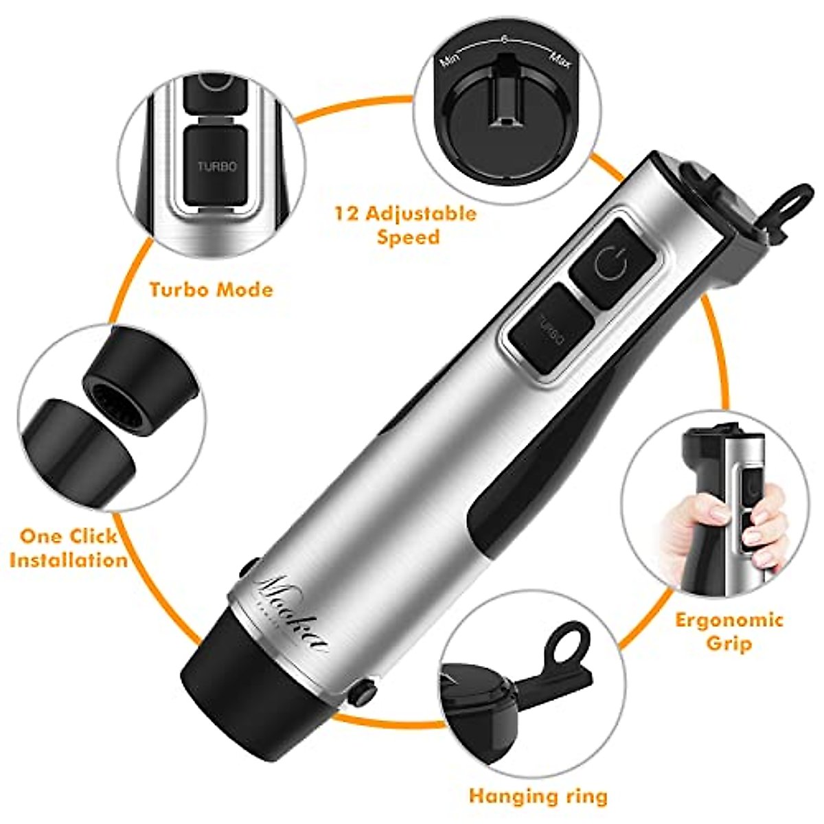 Immersion Blender Handheld, 1100W 5-in-1 Multi-Purpose Hand Blender, 12-Speed Stick Blender, 600ml Beaker, 500ml Chopper, Egg Whisk, Milk Frother, Black