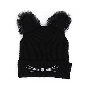 Armfre Tops Women's Beanie Hat Cute Cat Print Slouchy Skullies with Faux Fur Cat Ears Thick Skull Cap Chunky Ribble Knitted Skull Hat Cuffed Ski Cap for Ladies Casual Outdoor Active