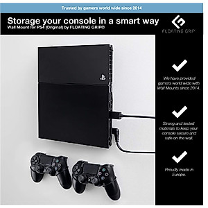 PS4 / PlayStation 4 Wall Mount system by FLOATING GRIP - Wall Mount hanging kit for displaying PS4 and 2x Controllers on the wall (Bundle: Fits PS4 + 2x Controllers, Black)